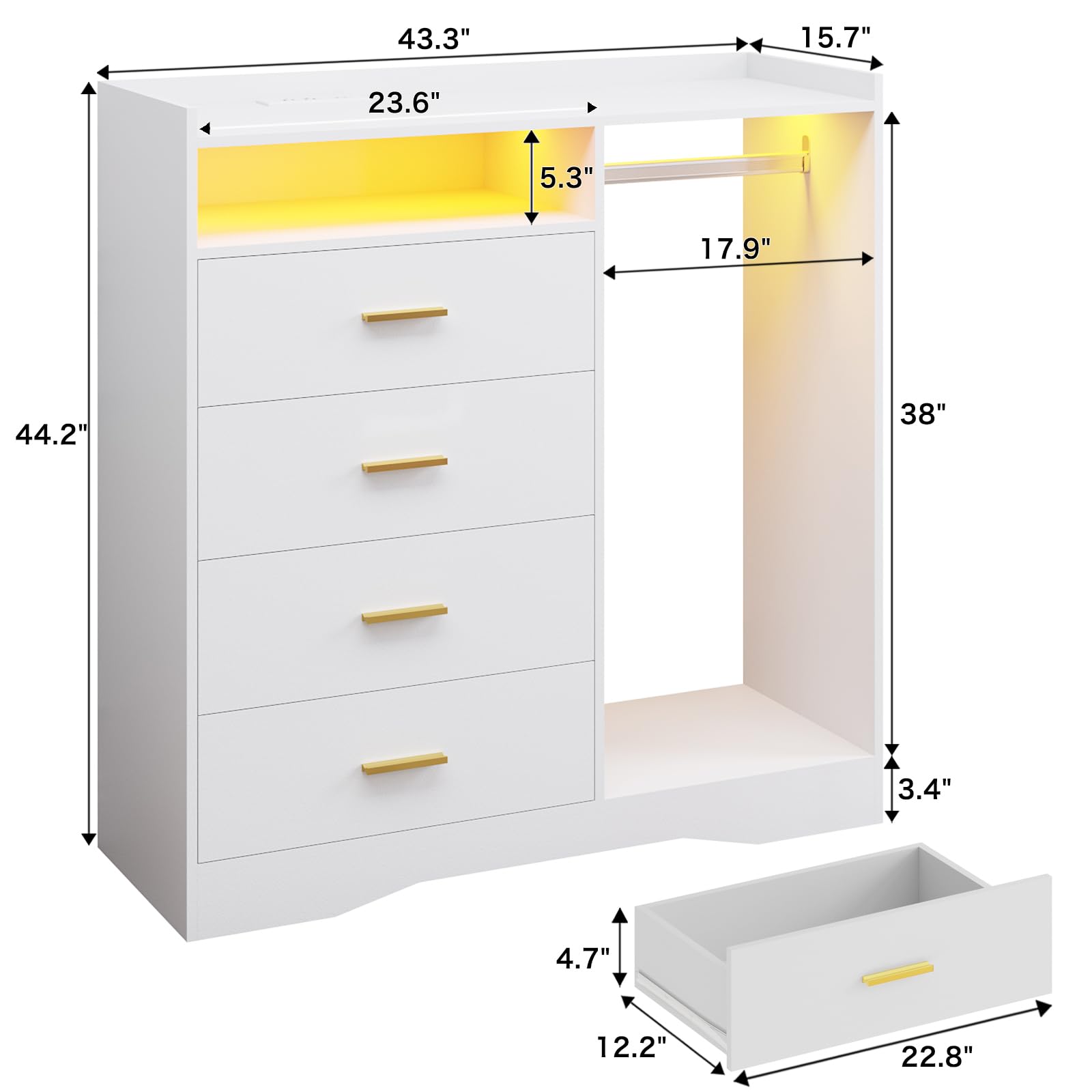 Wooden Dresser for Bedroom with Clothing Rack, White 4 Drawers Dresser with Charging Station and LED Lights, Tall Clothes Dresser for Small Space Hallway Closet