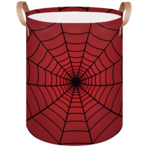 collapsible laundry hamper basket, red spider web round laundry basket with leather handle storage organizer bin for toys bin nursery home storage bedroom decor