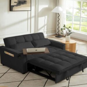 Velvet Pull Out Sofa Bed with Side Table, Convertible Loveseat Sleeper with Tufted Backrest, Modern Futon Couch for Living Room, Bedroom (Black)