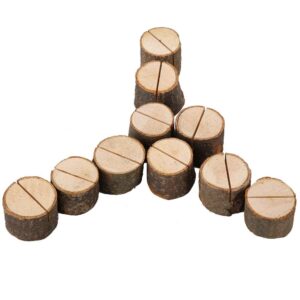 XIASABA Place Card Holders 10 Pcs Stump Shape Party Place Card Holder Stand Number Table Clip Card Holder Rustic Wooden Card Holders Mini Wood Place Card Holders