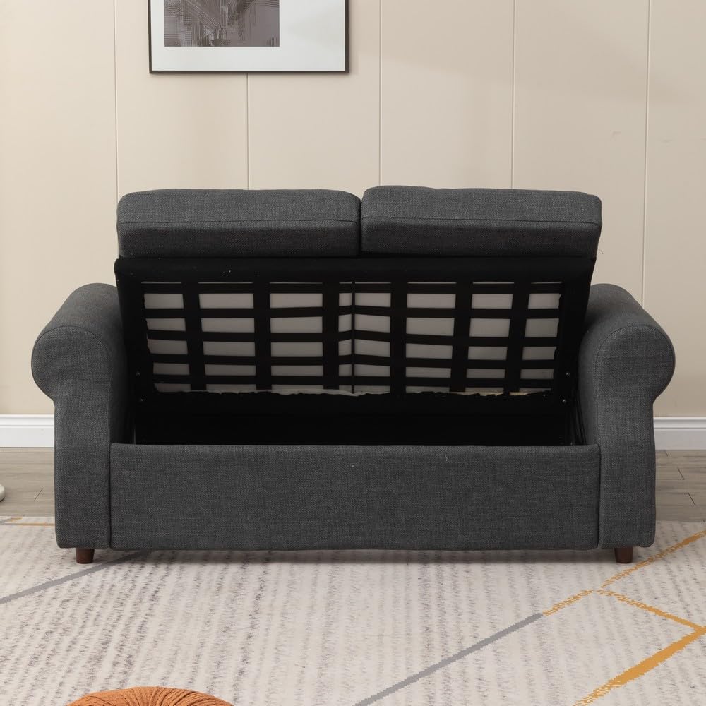 Panana Linen Fabric Sofa with Lift-up Under Storage, Light or Dark Gray, 2 or 3 Seater (Dark Gray Linen Fabric, 2 Seater)