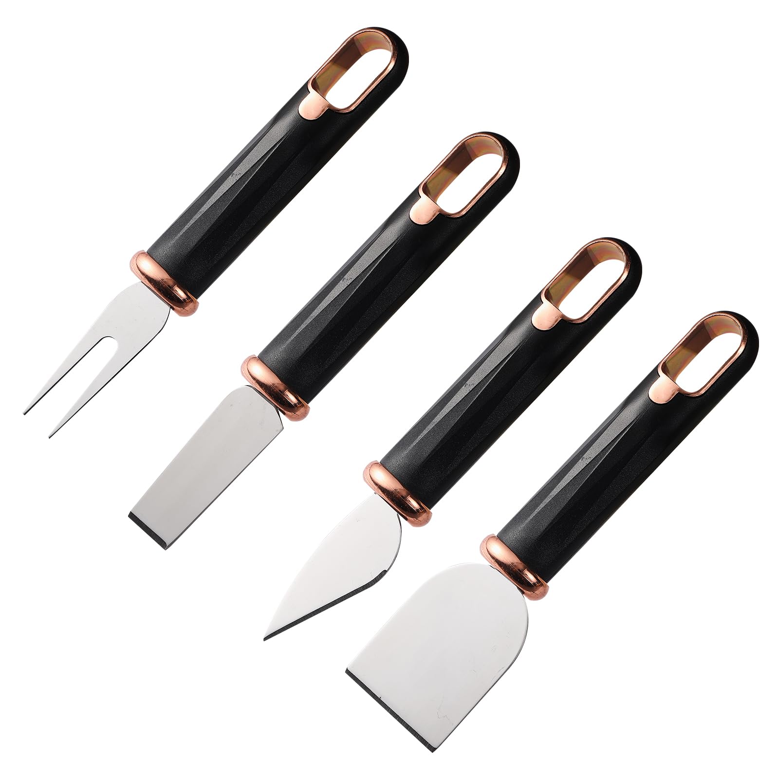 Cokshy Cheese Knives Set, Soft Cheese Knife, Cheese Fork, Narrow Plane Knife, Parmesan Knife, Flat Cheese Knife - 4 Pcs Stainless Steel Cheese Knifes for Charcuterie and Cheese Spread (Black)