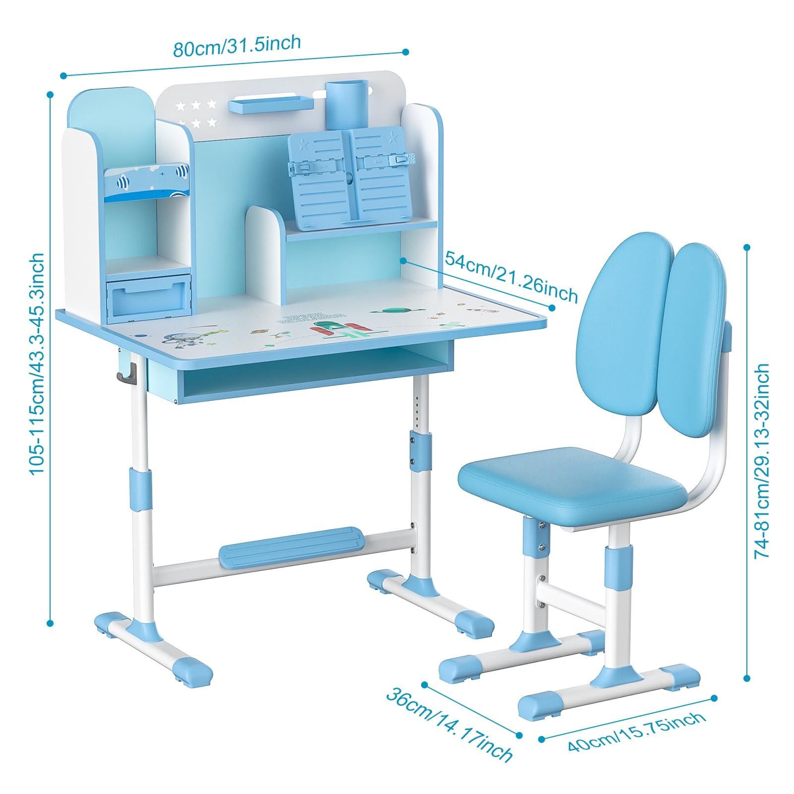 Washranp Kids Study Desk and Chair Set, Height Adjustable Kids Study Desk with Storage Drawer Bookstand,Ergonomic Desk for Kids with Desktop Children Study Desk Pink