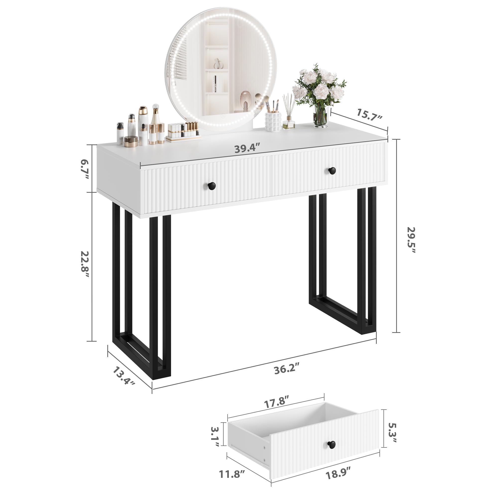 GarveeHome Vanity Desk with Mirror and Lights, Small Makeup Vanity with 2 Drawers, Modern Vanity Organizer with 3 Color Lights＆Adjustable Brightness, Dressing Table for Bedroom, White