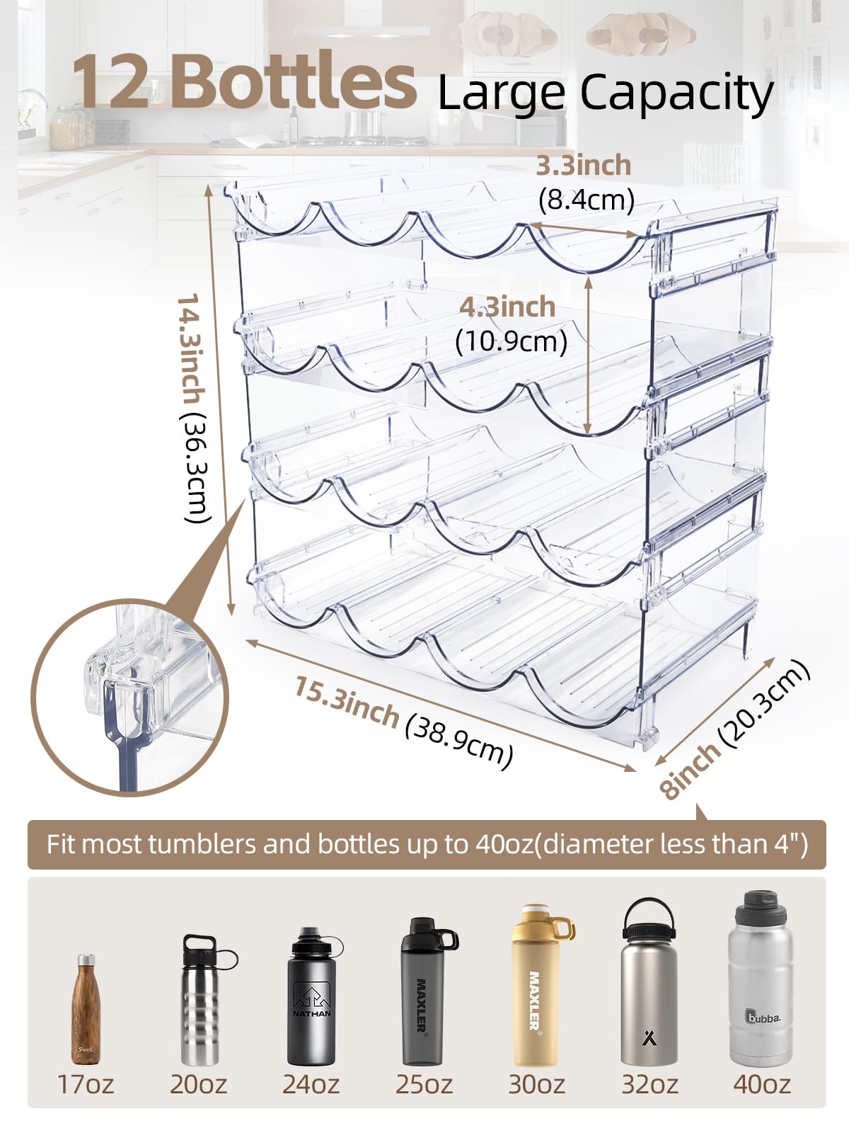 TIDY SAVANT Water Bottle Organizer - 4 Pack Clear Stackable Bottle Storage Rack and Wine Rack for Stanley Yeti Bottle and Other Tumbler Organizer for Kitchen Cabinets, 4 Tier Hold 16