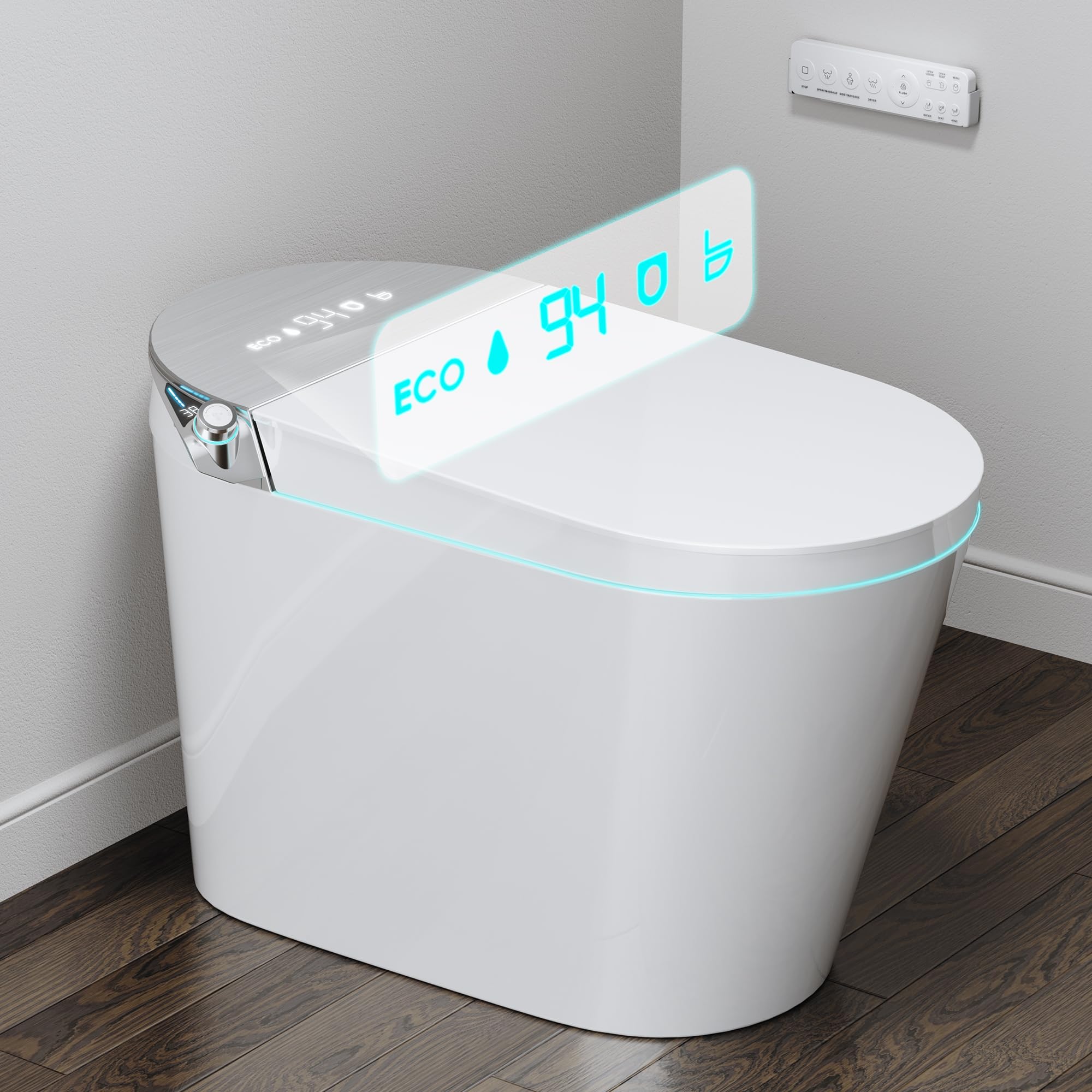 Smart Toilet Built-in Heated Bidet Seat, 360 Degree Siphon Powerful Flush, Warm Water Sprayer with Drying mode, Auto Open & Close Lid, Wireless Remote Control and with LED Display and Night Light