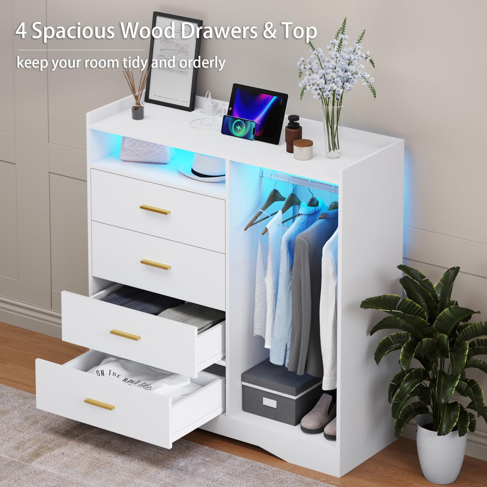 Wooden Dresser for Bedroom with Clothing Rack, White 4 Drawers Dresser with Charging Station and LED Lights, Tall Clothes Dresser for Small Space Hallway Closet