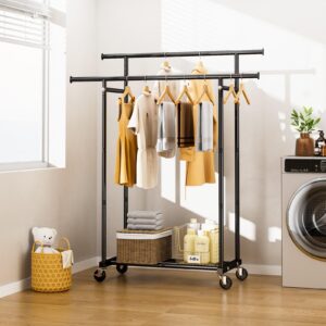 HYSEYY Double Rods Clothes Rack, Sturdy Rolling Clothing Rack, Portable Clothing Racks for Hanging Clothes - Metal Garment Rack Wardrobe Coat Rack for Bedroom Laundry Living Room, Black