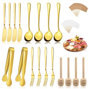 38 pcs charcuterie boards accessories, gold stainless steel charcuterie utensils set, including cheese butter spreader, mini serving tongs, knives, spoons, forks, honey dippers and toothpick flags