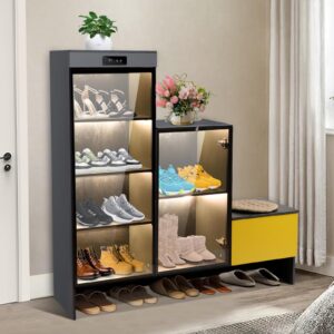 ylizeyu shoe cabinet/rack led can purify the air,intelligent cabinet,six storage cabinet,storage cabinet with closet function standorganic reinforced glass door with reinforced hinges grey