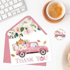 Whaline 24 Pack Fall Thank You Cards Bulk Pink Truck Pumpkin Floral Greeting Cards with Envelopes Stickers Blank Note Cards for Autumn Thanksgiving Wedding Bridal Baby Shower