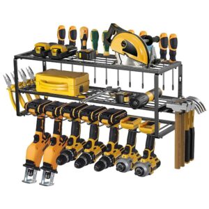 trueland heavy-duty power tool organizer with drill holder - wall-mounted storage rack for garage, workshop, and home utility room, featuring 7 slots and 3 shelves for cordless drills and tools