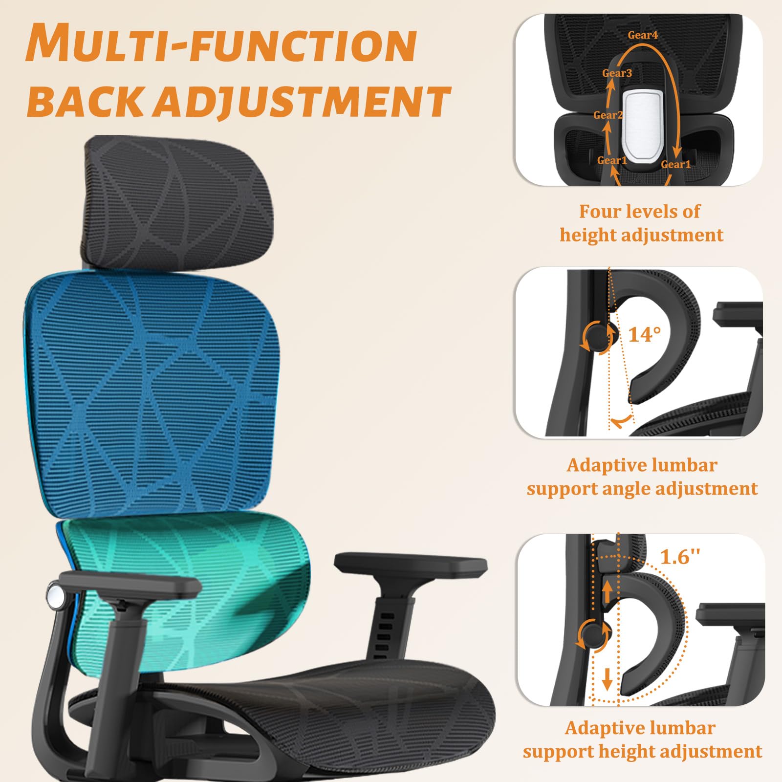 XUEGW Ergonomic Office Chair, High Back Mesh Computer Chair with 4-Gear Lumbar Support and 3D Armrest, Comfy Home Office Desk Chairs with Adjustable Headrest Rocking & Tilt