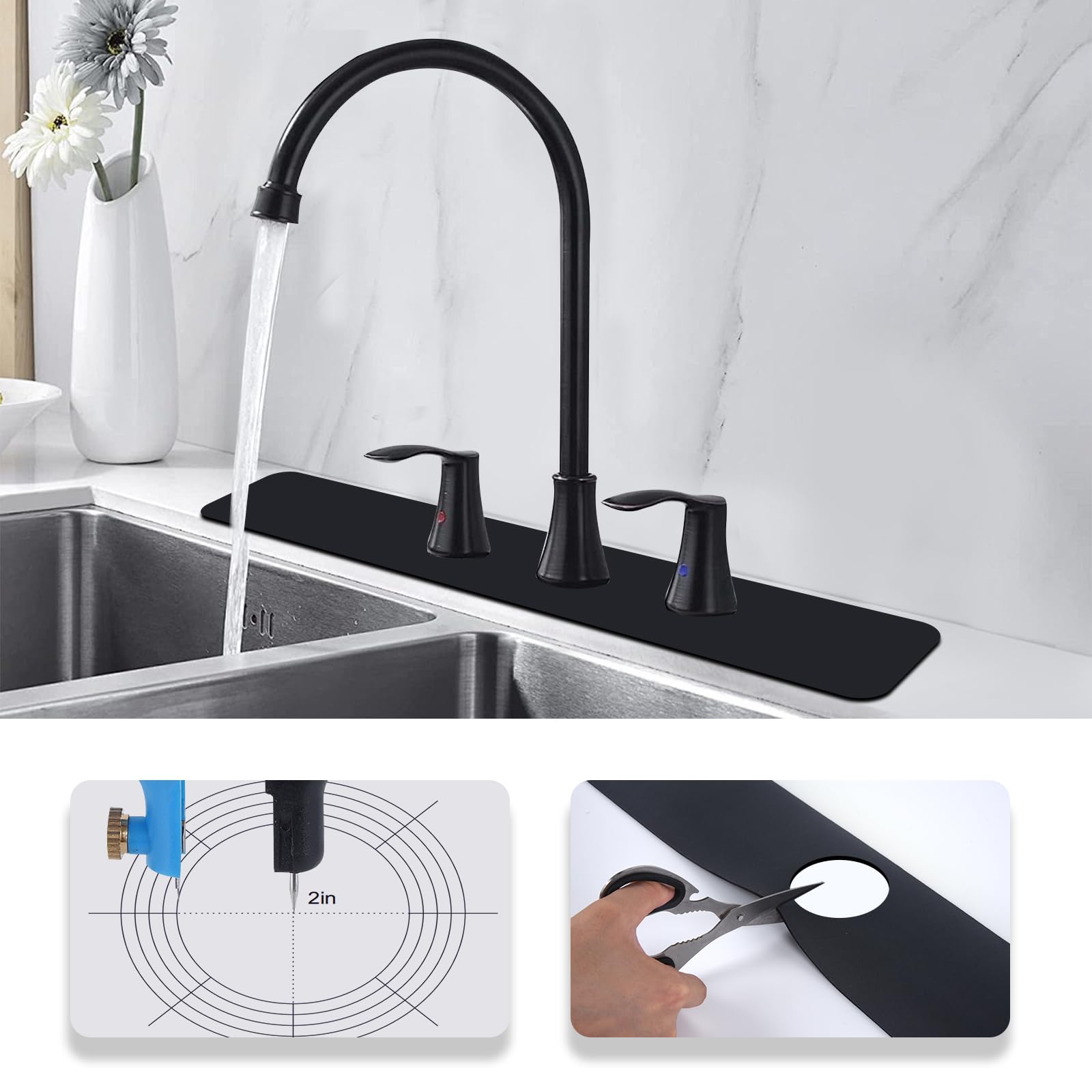 2 Pcs Bathroom Sink Splash Guard- Faucet Mat for Kitchen Sink 3 Holes, Freely Cutting Splash Guard Behind Faucet Drip Catcher for Kitchen for mat Sink in Kitchen,Bathroom,RV and Camper