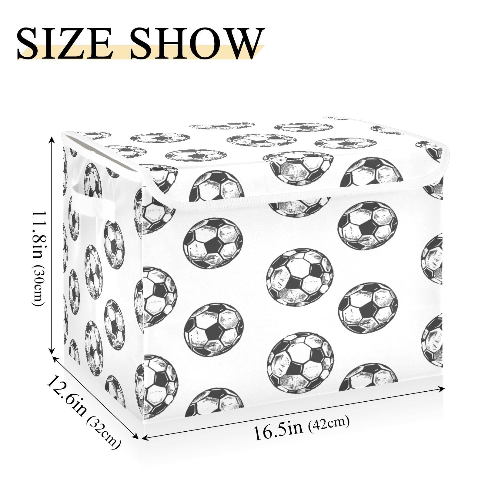 Large Collapsible Storage Bins with Lids, Soccer Balls Black White Storage Baskets Organizer Containers with Handles for Nursery Clothes Toys