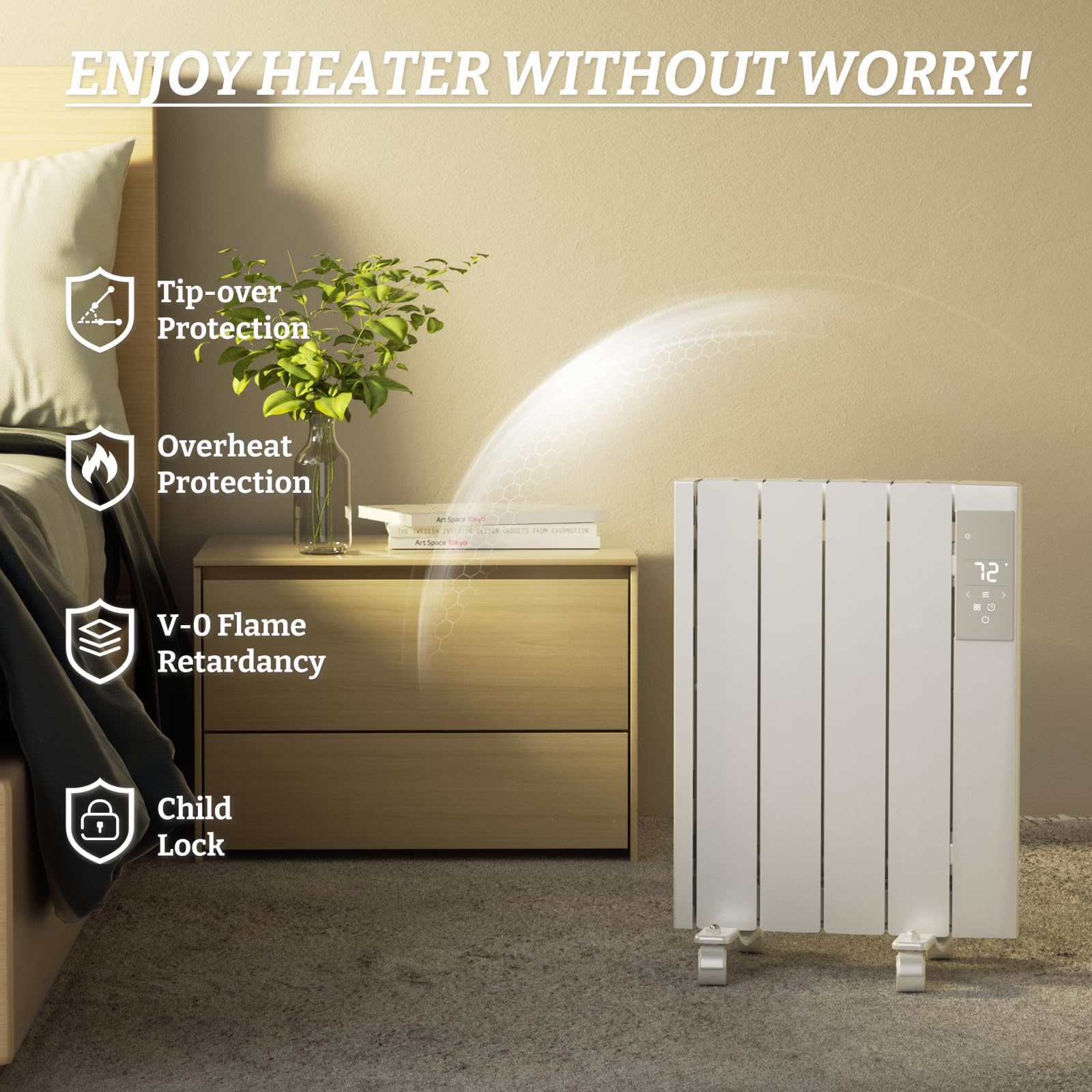 BREEZEHEAT 800w Plug-in Electric Panel Heater-Convection Wall Heaters for Indoor Use, No Fan Design, Freestanding/Wall Mount Space Heater w/Digital Display, 24H Timer, Adjustable Thermostat, White