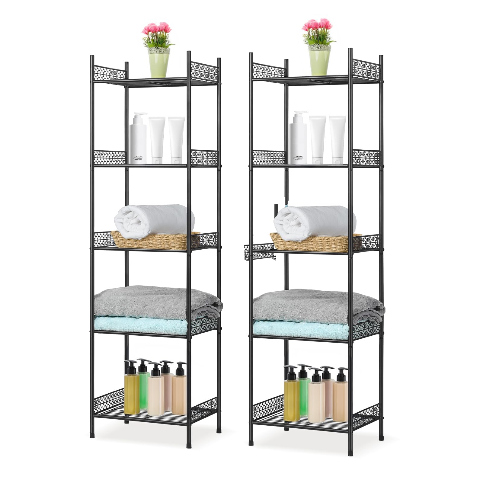 2 Pack 5-Tier Bathroom Storage Shelf, Heavy Duty Wire Shelving Unit Free Standing Towel Rack Organization for Kitchen Bathroom Laundry, Black