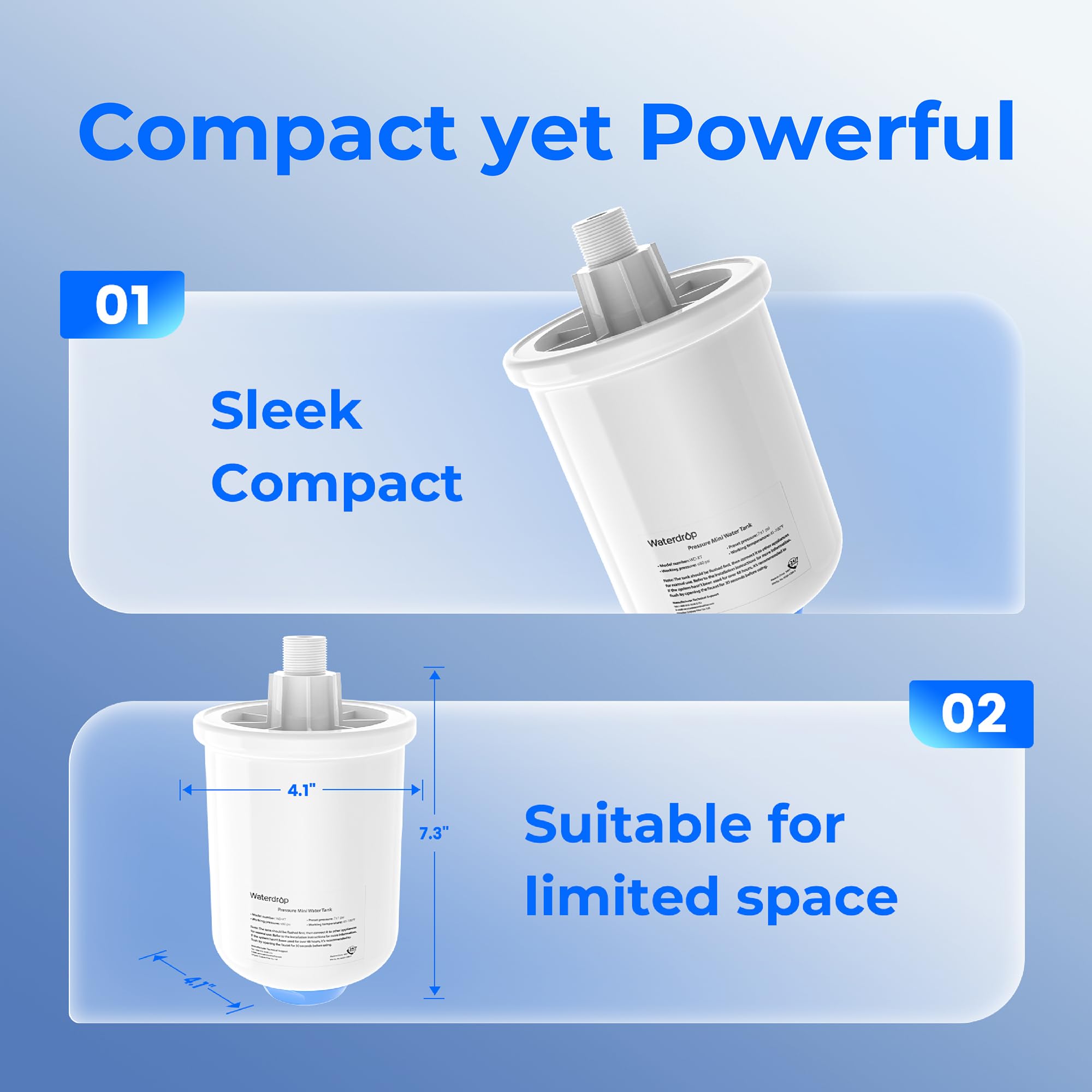 Waterdrop WD-XT Small Water Pressure Tank, RO Pressure Tank for All WD-X-series Reverse Osmosis System to Connect the Refrigerator, Mini RO Water Tank Fits 𝟯/𝟴" Water Tubing, WD-X8/X12/X16, BPA Free