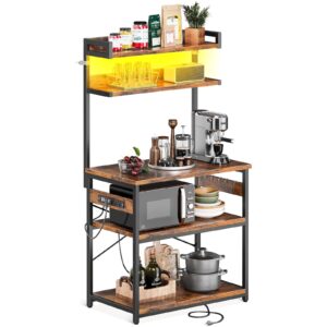 casaottima bakers rack with power outlet & led lights, coffee bar with storage 5-tiers, microwave stand kitchen shelf 16.5 * 31.5 * 59 inches, kitchen coffee rack, rustic brown