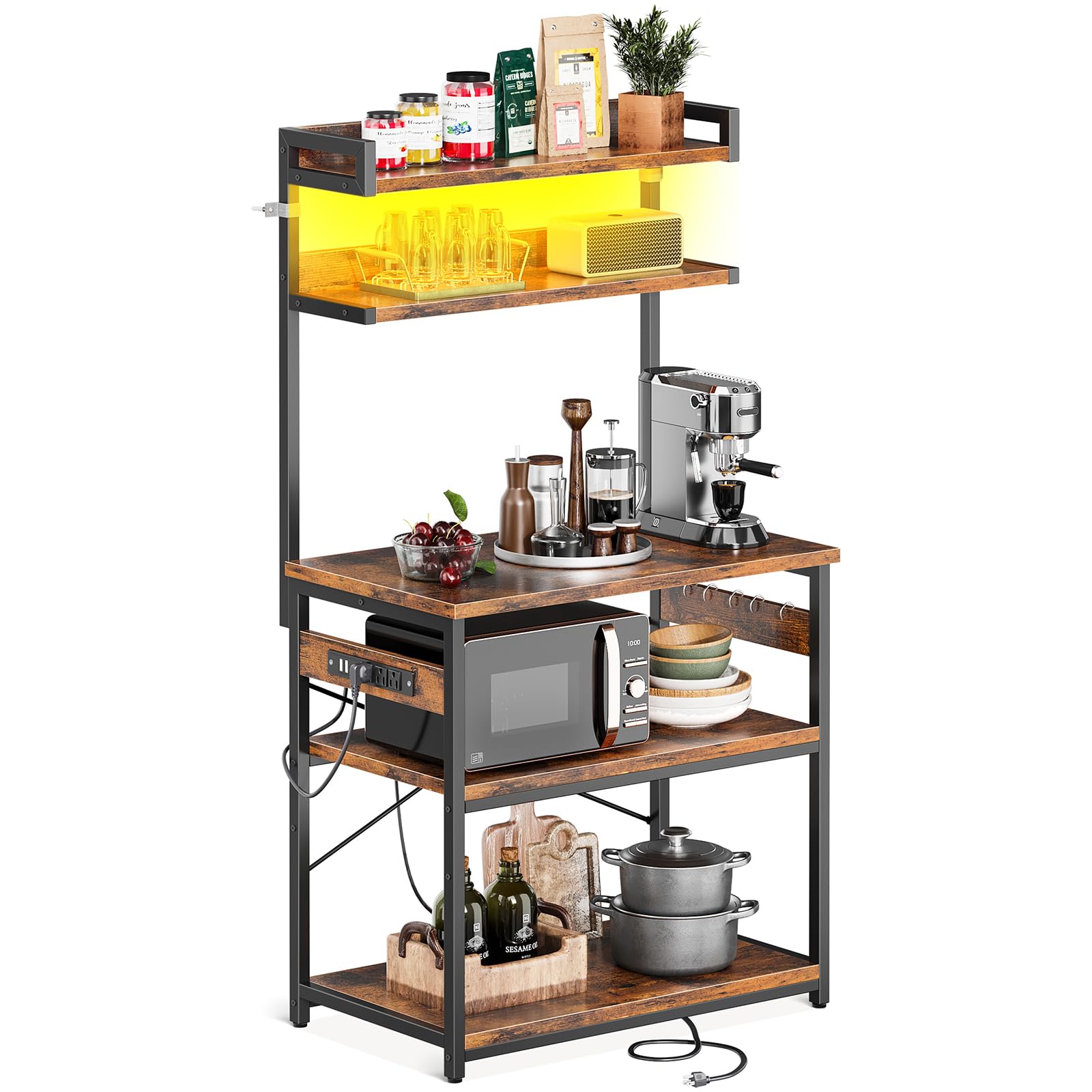 Casaottima Bakers Rack with Power Outlet & LED Lights, Coffee Bar with Storage 5-Tiers, Microwave Stand Kitchen Shelf 16.5 * 31.5 * 59 inches, Kitchen Coffee Rack, Rustic Brown