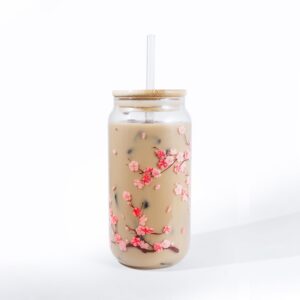 Aesthetic Cherry Blossom Glass Cup with Lid and Straw - Cute Coffee, Latte, Matcha Tumbler 16 oz - Floral Iced Coffee Cup - Preppy Birthday Gift for Women, Best Friends, Mom, Bridesmaid, Coffee Lover