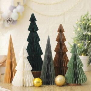 watersay 6 pcs neutral christmas tree honeycomb centerpiece minimalist 3d paper trees centerpiece rustic reusable table decorations for home decor xmas gift(green, brown)