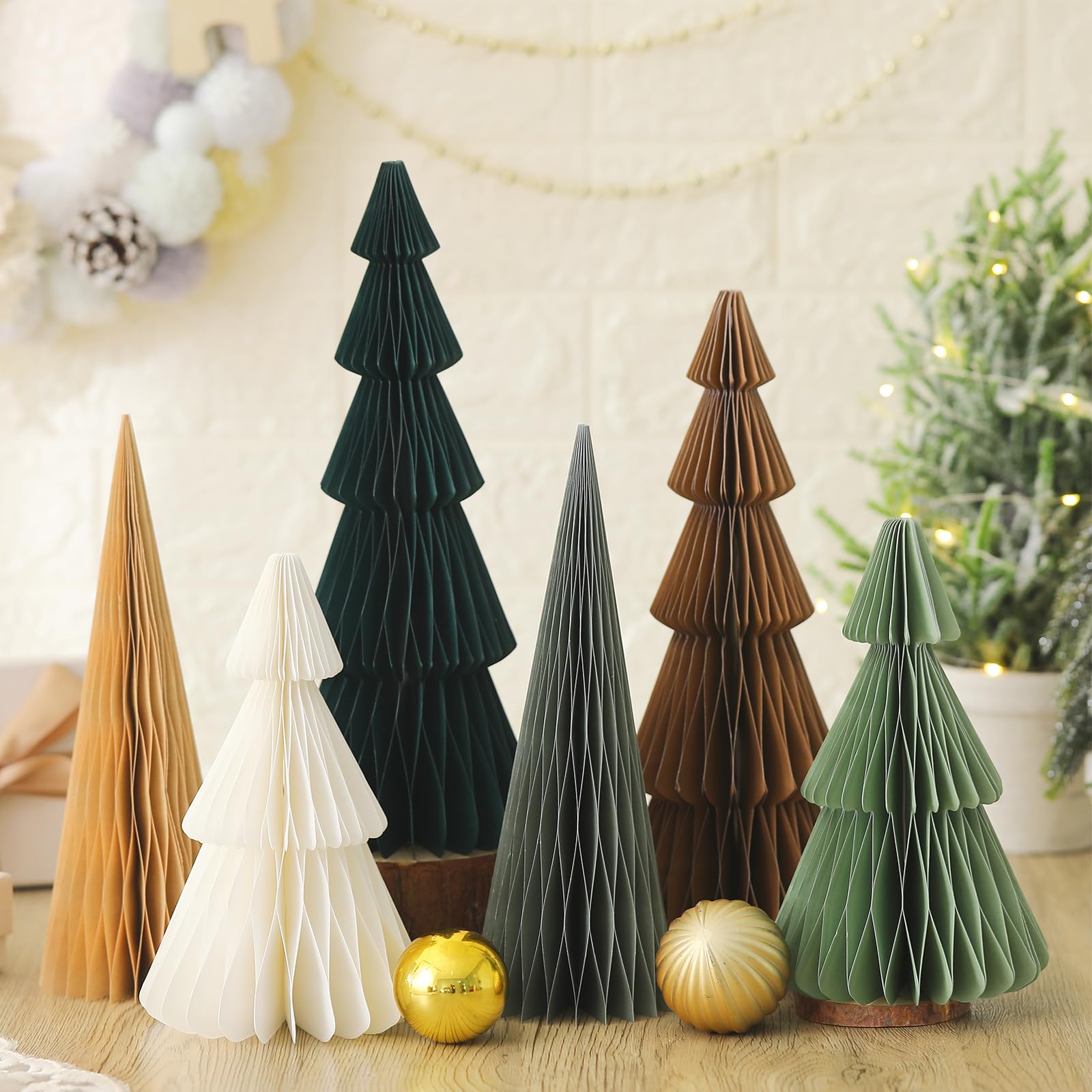 Watersay 6 Pcs Neutral Christmas Tree Honeycomb Centerpiece Minimalist 3D Paper Trees Centerpiece Rustic Reusable Table Decorations for Home Decor Xmas Gift(Green, Brown)