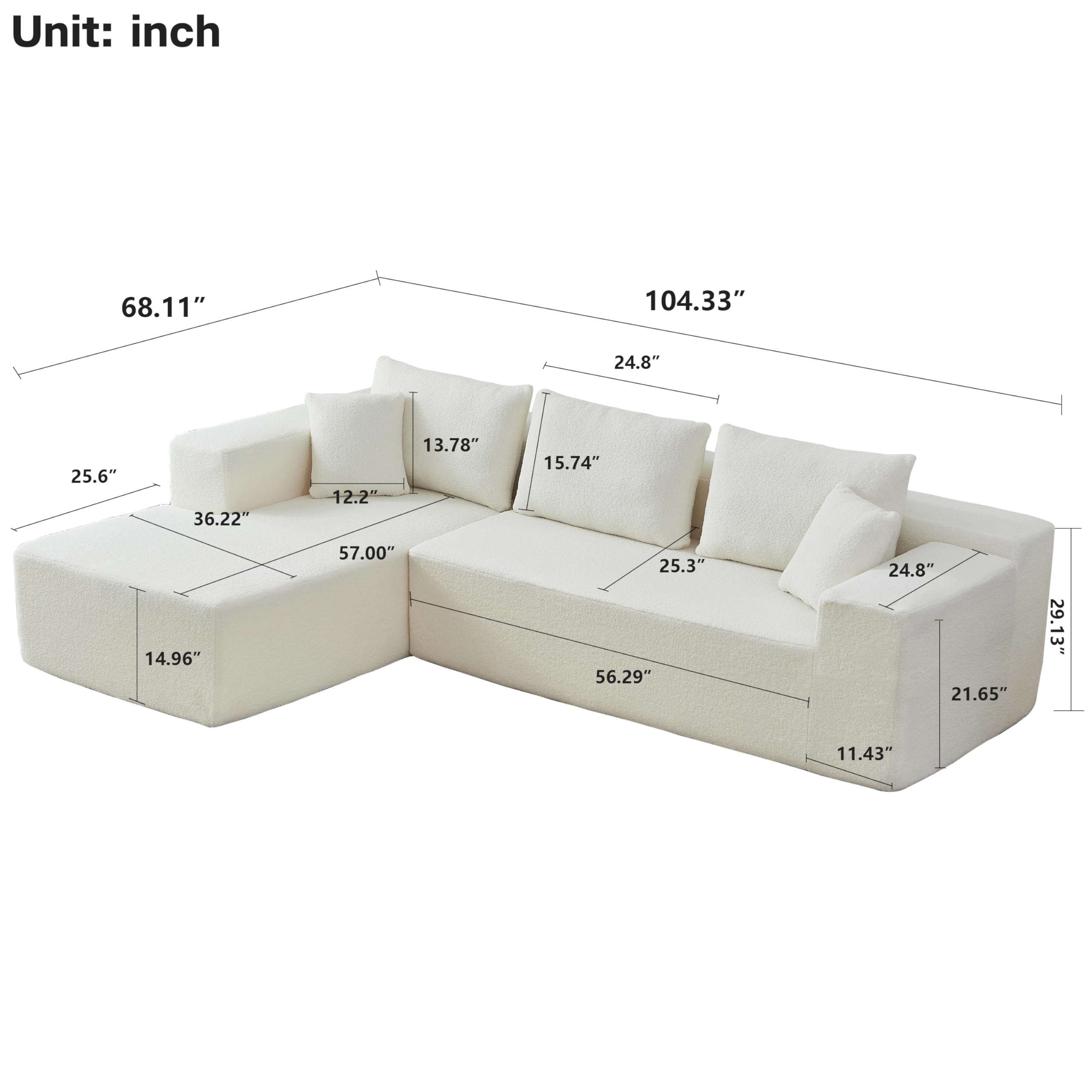 Sectional Floor Sofa Couch, Corner L Shaped Sectional Sofa Set Modern Minimalist Modular,Convertible Compressed Cloud Sofa w/Lounge,Sherpa Fabric,Deep Seater,High-Density Foam(Off White 4 Seater)