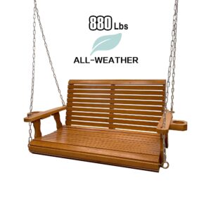 Wooden Porch Swing 2-Seater, Bench Swing with Cupholders, Hanging Chains and 7mm Springs, Heavy Duty 880 LBS, for Outdoor Patio Garden (Teak Tone, 4 FT Extra Large)