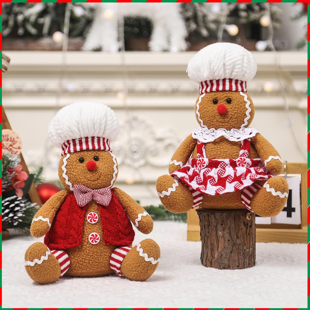 JJYZB Adorable Christmas Gingerbread Man Plush Toy-9.4in Gingerbread Shape Stuffed Animal,Gingerbread Plush Doll for Christmas Tree Topper Xmas Party Decor (boy+Girl)