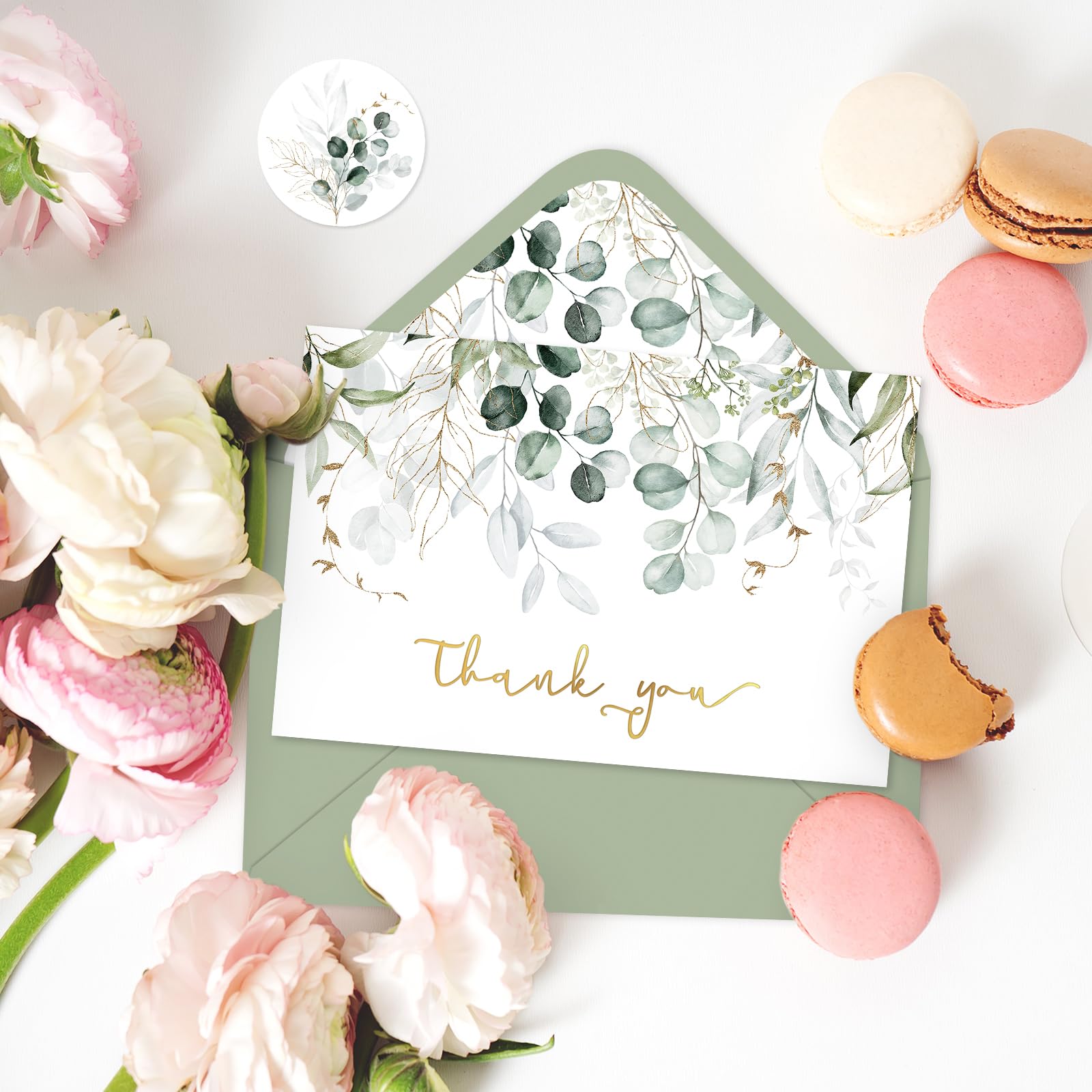 Whaline 24 Pack Greenery Thank You Cards Gold Foil Eucalyptus Leaves Thank You Note Cards with Envelopes Stickers for Spring Wedding Baby Shower