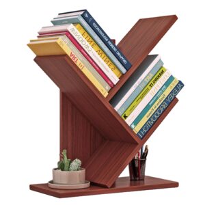 miao yuan wooden 3 tier open bookshelf tree design book organizer, desktop storage rack for cds/albums/books/magazines, modern freestanding display shelf for home, office, living room