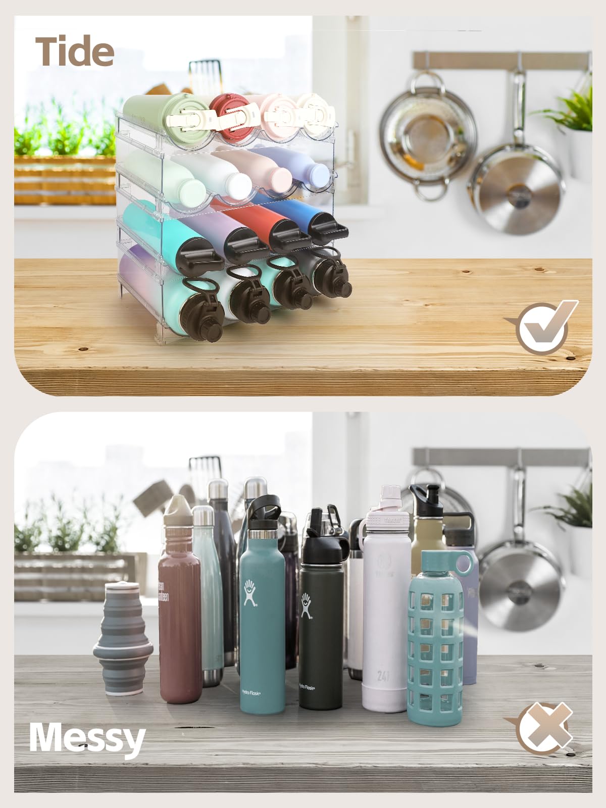 TIDY SAVANT Water Bottle Organizer - 4 Pack Clear Stackable Bottle Storage Rack and Wine Rack for Stanley Yeti Bottle and Other Tumbler Organizer for Kitchen Cabinets, 4 Tier Hold 16