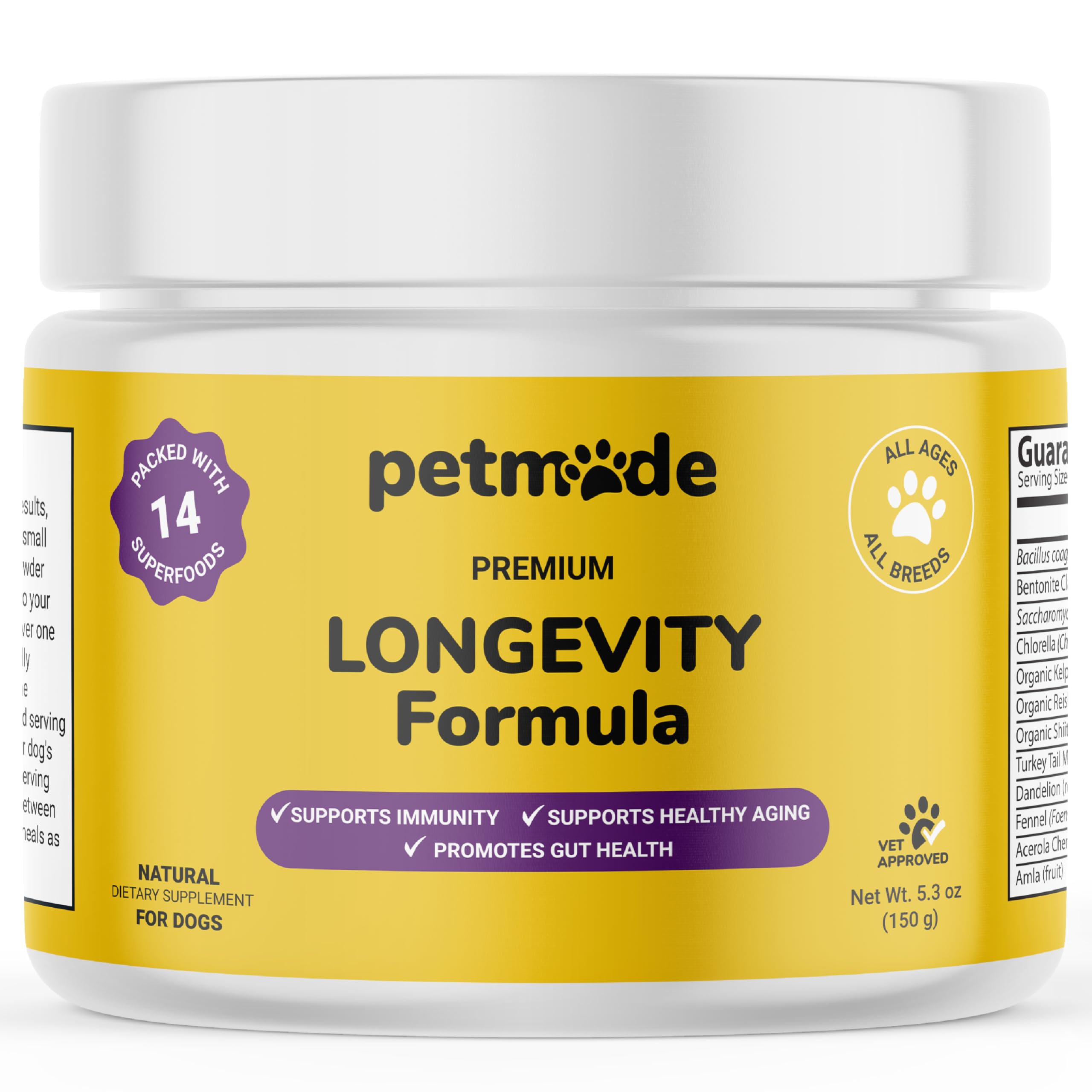 PetMade Turkey Tail Mushroom Antioxidant Dog Supplements & Vitamins Powder - Longevity Formula with Prebiotics and Probiotics for All Dogs, Gut Health, 5.3 oz