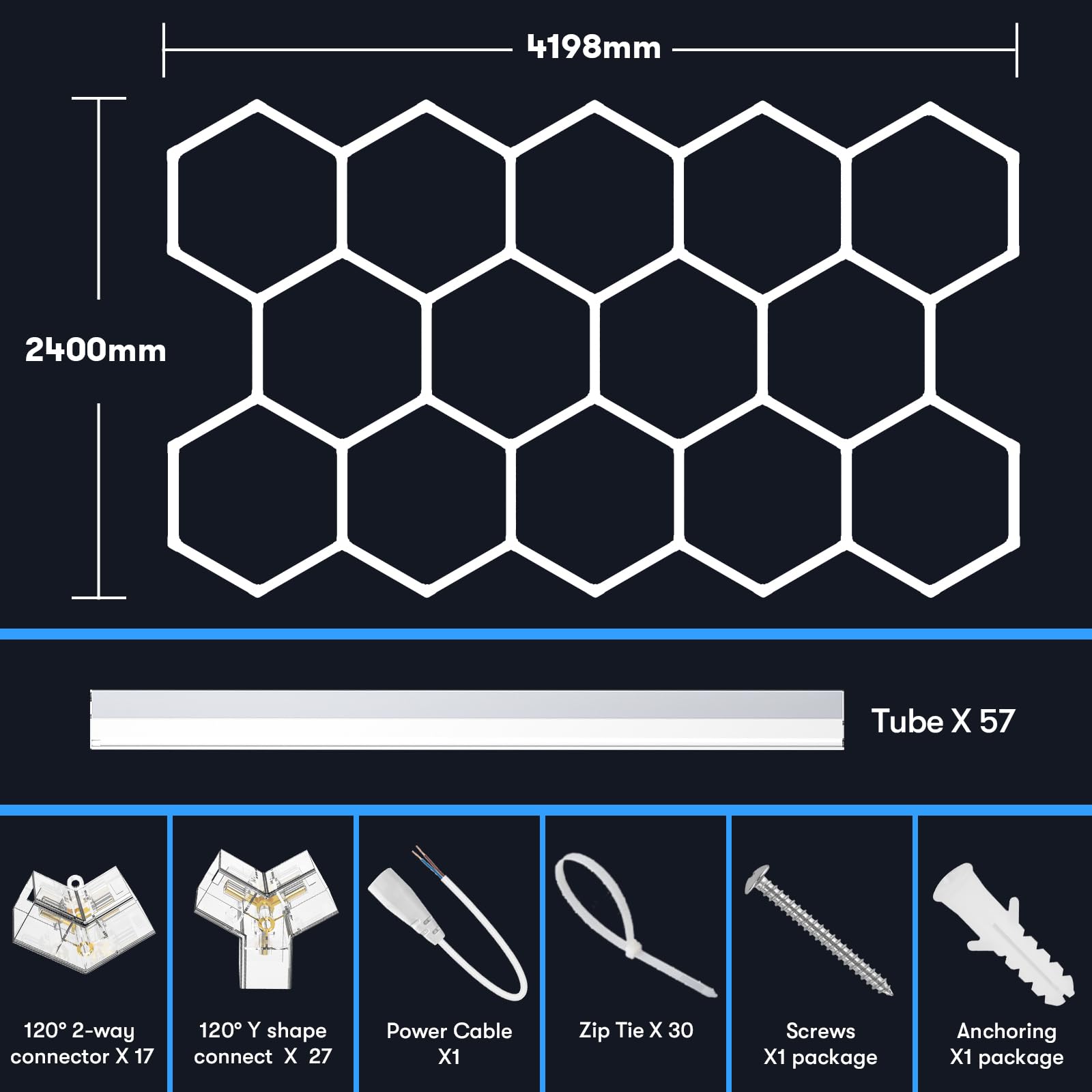 Hexagon Garage Lights: 6500K Cool White 14 Grid Hex Garage Light, 57 Packs LED Light, Super Bright Honeycomb Hexagon Ceiling Llight for Car Detailing Garage Workshop Basement Gym Barber