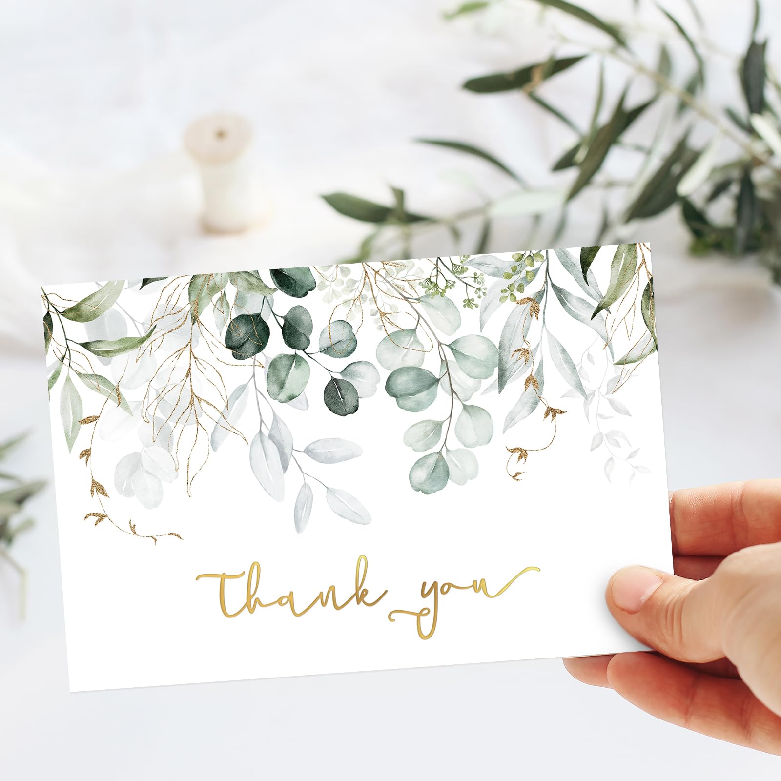 Whaline 24 Pack Greenery Thank You Cards Gold Foil Eucalyptus Leaves Thank You Note Cards with Envelopes Stickers for Spring Wedding Baby Shower