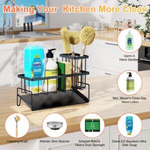 Juseisin Kitchen Sink Caddy Organizer, Upgrade Faucet Sponge Rack for Sinks, Bottle Brush Holder and Organizers Storage with Dish Soap, Auto Draining Tray, Rustproof Adjustable Organizadores