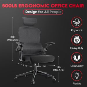 LaoJawBow Ergonomic Office Chair - 500LB Comfy Desk Chairs with Headrest and Lumbar Back Support, Heavy Duty Mesh Computer Chairs with Wheels and Arms for Home Office, Study, Bedroom and College Dorm