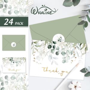 Whaline 24 Pack Greenery Thank You Cards Gold Foil Eucalyptus Leaves Thank You Note Cards with Envelopes Stickers for Spring Wedding Baby Shower