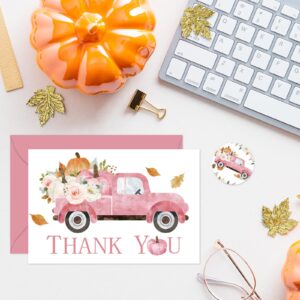 Whaline 24 Pack Fall Thank You Cards Bulk Pink Truck Pumpkin Floral Greeting Cards with Envelopes Stickers Blank Note Cards for Autumn Thanksgiving Wedding Bridal Baby Shower