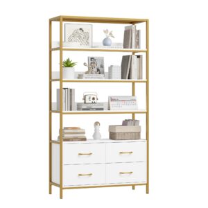 hithos 5 tier bookshelf with drawers, 71" tall bookcase with shelves, 35.4" wide free standing book storage shelf, modern wood display cabinet for living room, study, home office, white gold