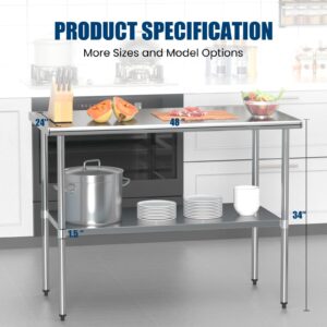 Stainless Steel Table 24 x 48 Inches Commercial Metal Work Table with Adjustable Undershelf and Bullet Feet for Kitchen Prep, Outdoor, Restaurant, Hotel & Garage