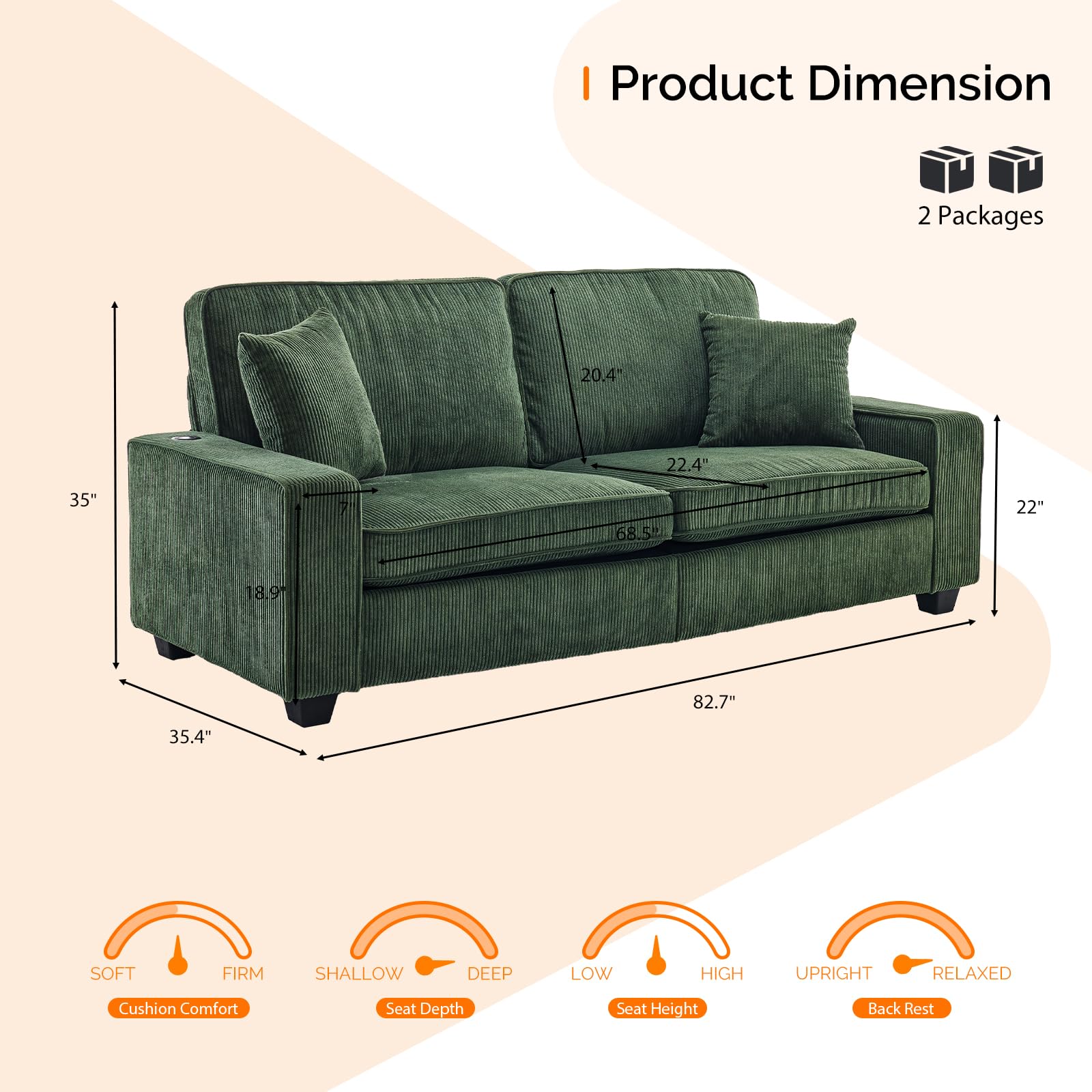 VINGLI Loveseat Sofa Couches for Living Room Green, 83" Big Comfy Sofa Couch Wide Armrest Couches with USB Charging Port Deep Seat Sofa Modern Couch Corduroy Sofa with 2 Throw Pillows