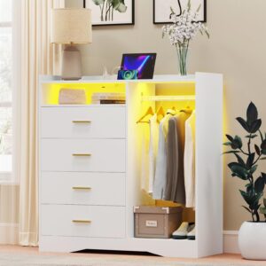 wooden dresser for bedroom with clothing rack, white 4 drawers dresser with charging station and led lights, tall clothes dresser for small space hallway closet