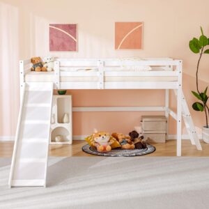 VINGLI Loft Bed with Slide, Twin, Space Saving Kids Low Loft Bed with Guardrail and Ladder, Pine Wood and Sturdy Bed Frame for Boys and Girls, White