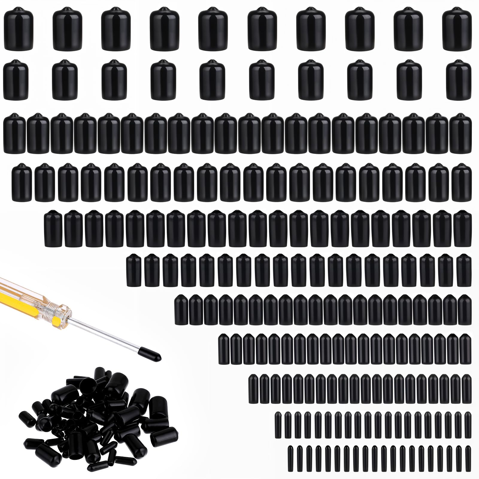 Giantree 200Pcs Rubber End Caps, Black Round Vinyl End Caps Bolt Screw Covers Caps Screw Bolt Screw Rubber Thread Protector Caps Cover for Tube Screw Bolt in 11 Sizes(1.5/2/3/4/5/6/7/8/9/11/15mm)