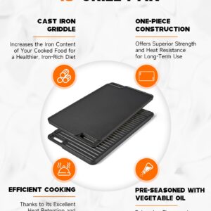 DARTMOOR 2-in-1 Reversible Cast Iron Griddle, 18 in Pre-Seasoned Cast Iron Grill Pan with Pan Scrapers, Double Side Rectangular Frying Pan with Non-Stick Surface, Indoor & Outdoor Use