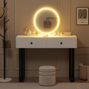 GarveeHome Vanity Desk with Mirror and Lights, Small Makeup Vanity with 2 Drawers, Modern Vanity Organizer with 3 Color Lights＆Adjustable Brightness, Dressing Table for Bedroom, White