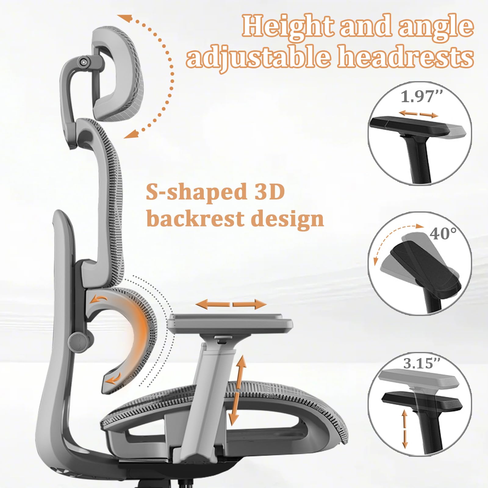 HDHNBA Ergonomic Office Chair, High Back Desk Chair with 3-Gear Lumbar Support,3D Armrest and Adjustable Headrest,Mesh Height Swivel Computer Gaming Chair,Tilt Function