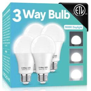 gonhom etl listed 3 way led light bulbs daylight white 5000k,30 70 100w equivalent 3 way light bulbs, a19 e26 medium basethree way light bulbs,perfect for reading,indoor led bulb(4 pack)